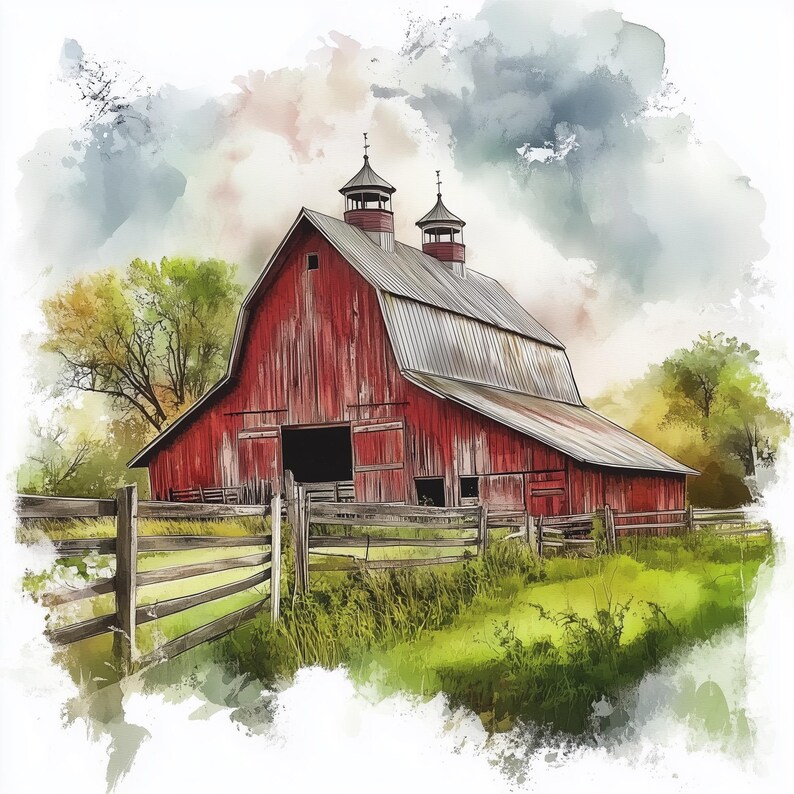 Red Barn Watercolor Clipart, Vintage Style Graphics (digital Download ...