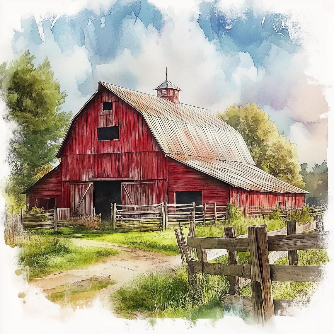 Red Barn Watercolor Clipart, Vintage Style Graphics (digital Download ...