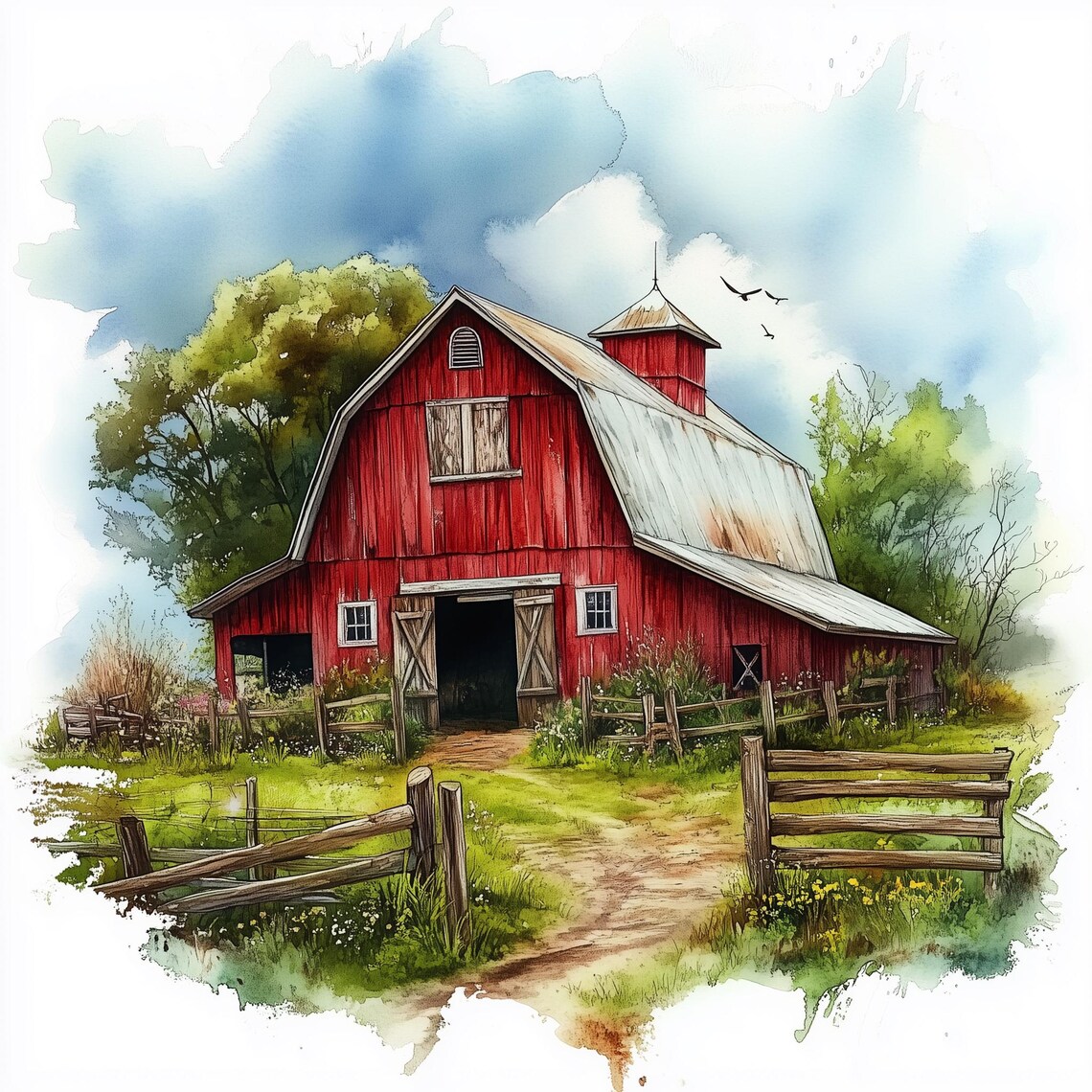 Red Barn Watercolor Clipart, Vintage Style Graphics (digital Download ...