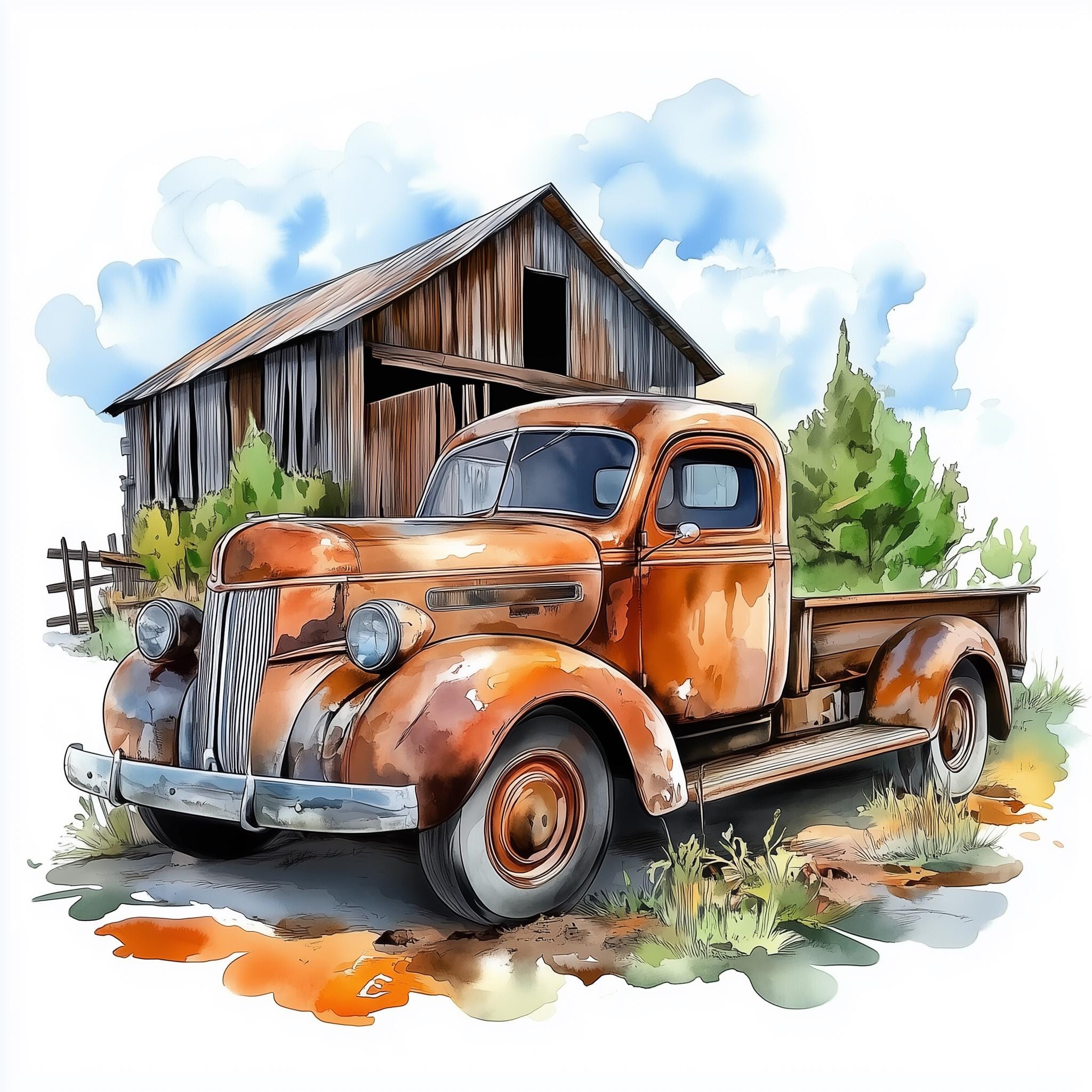 Vintage Red Truck Watercolor Clipart, Farmhouse Barn Jpgs (digital ...