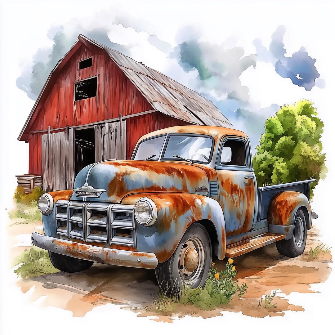 Vintage Red Truck Watercolor Clipart, Farmhouse Barn Jpgs (digital ...