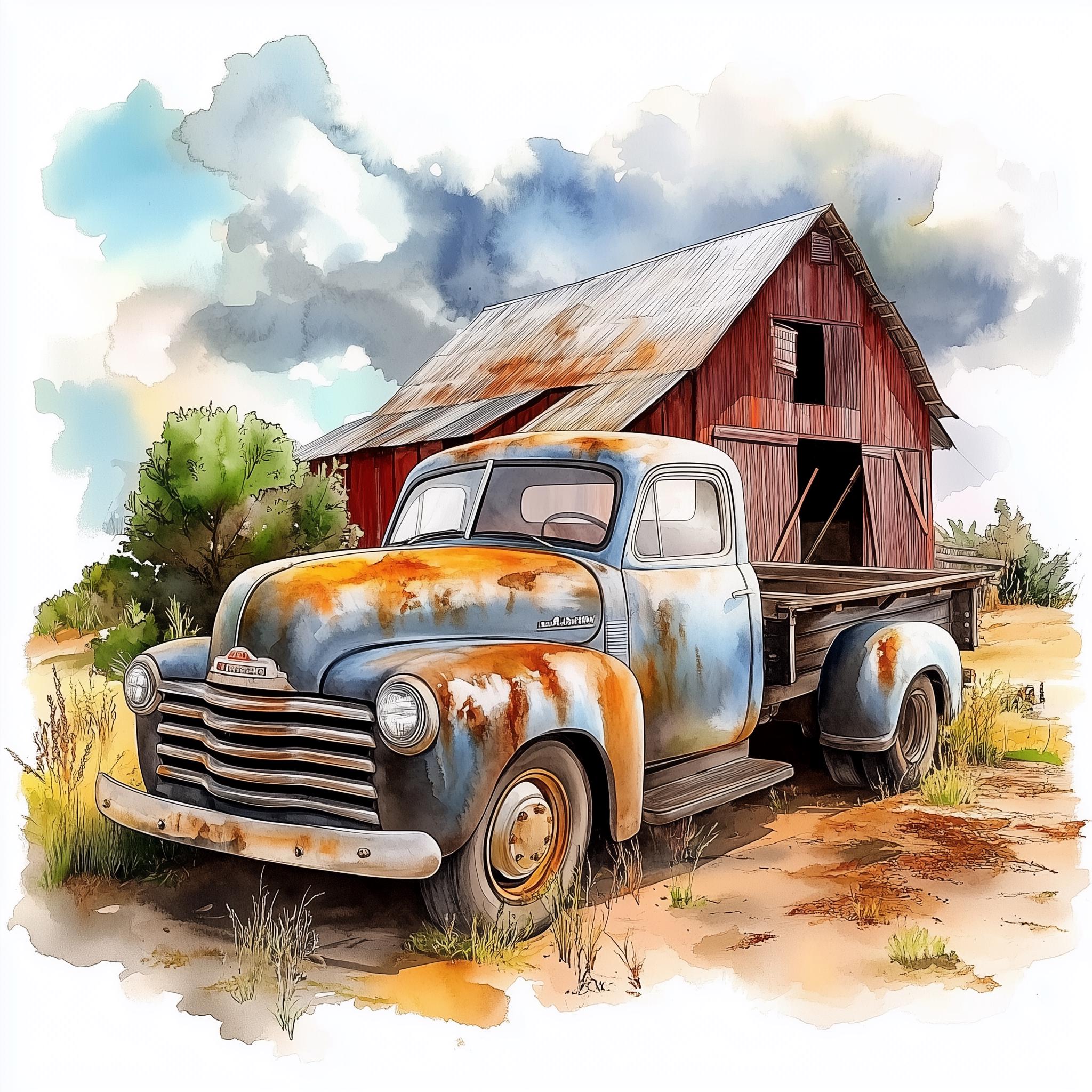 Vintage Red Truck Watercolor Clipart, Farmhouse Barn Jpgs (digital ...
