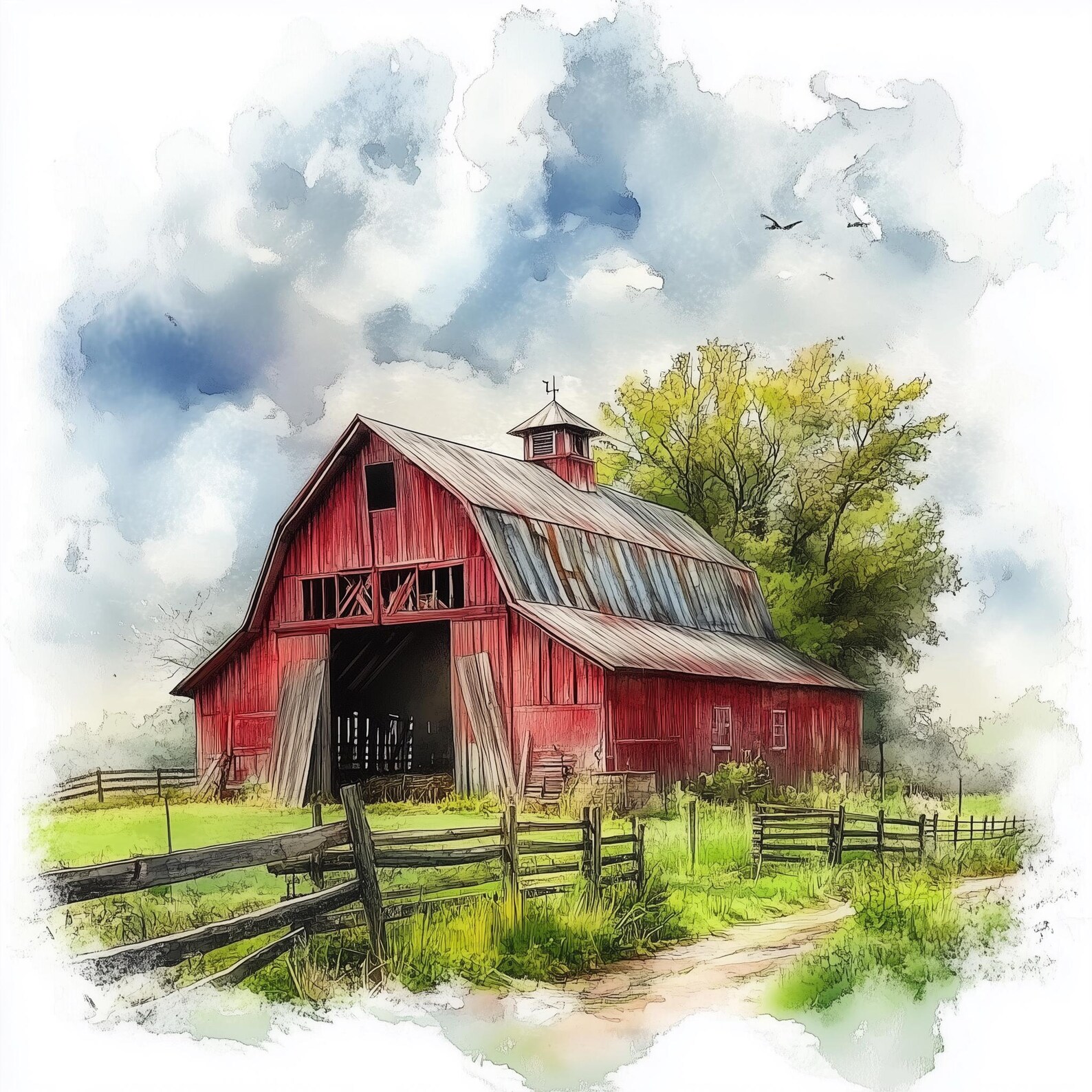 Red Barn Watercolor Clipart, Vintage Style Graphics (digital Download ...
