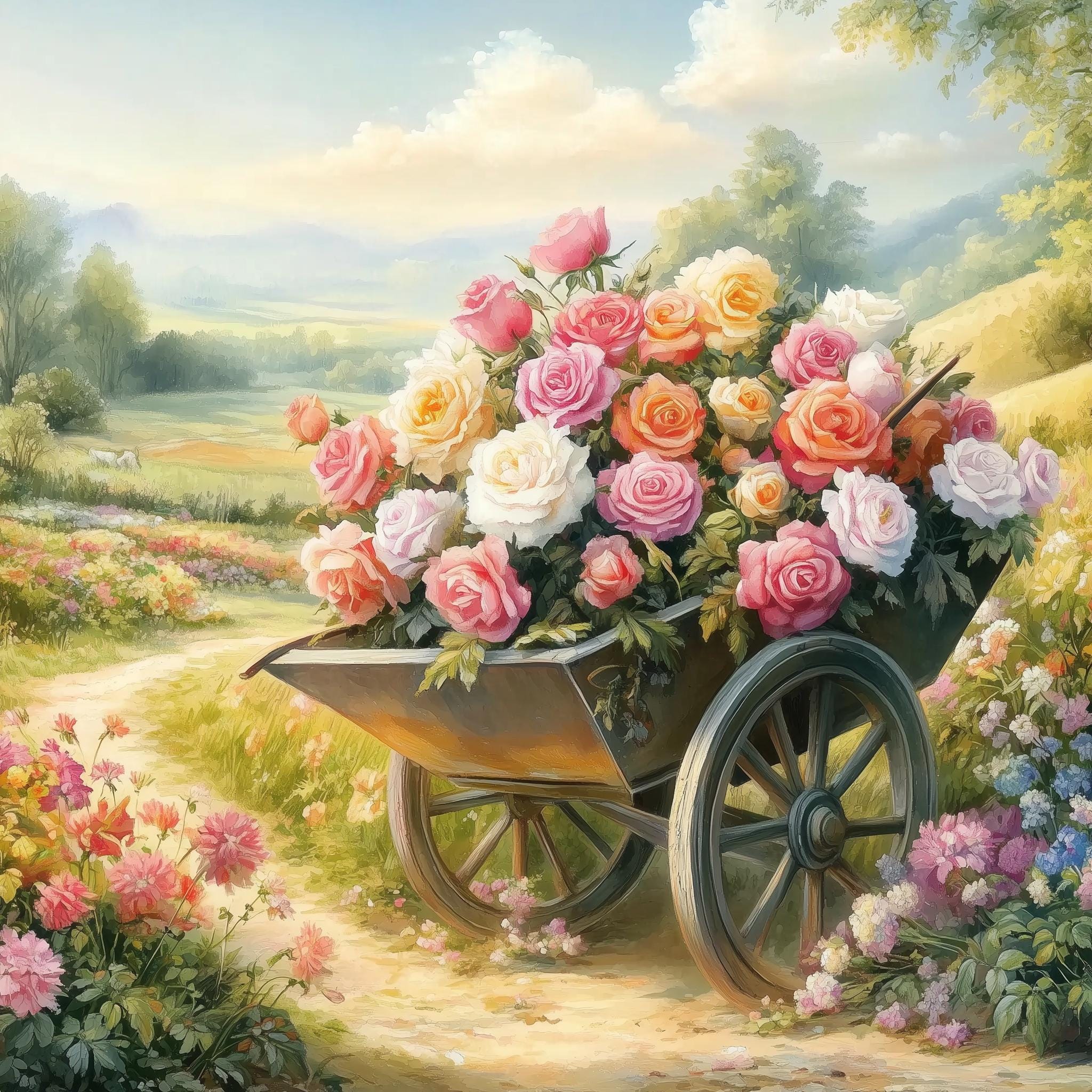 Cottagecore Wagon Flowers JPG Clipart, Scrapbooking, Card Making ...