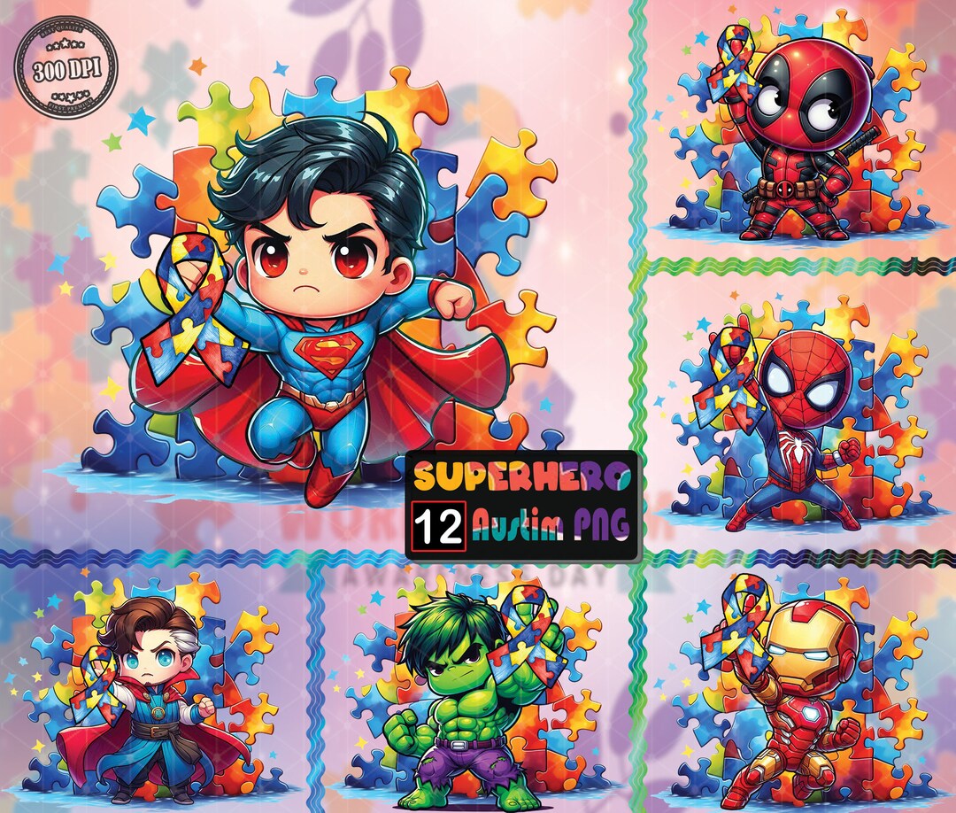 12 Files Autism Super Hero Png Bundle, Autism Character Png, Cute ...