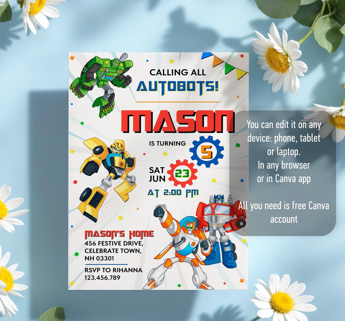 Printable Birthday Invitation, Autobots Boy Birthday Invite, Editable ...