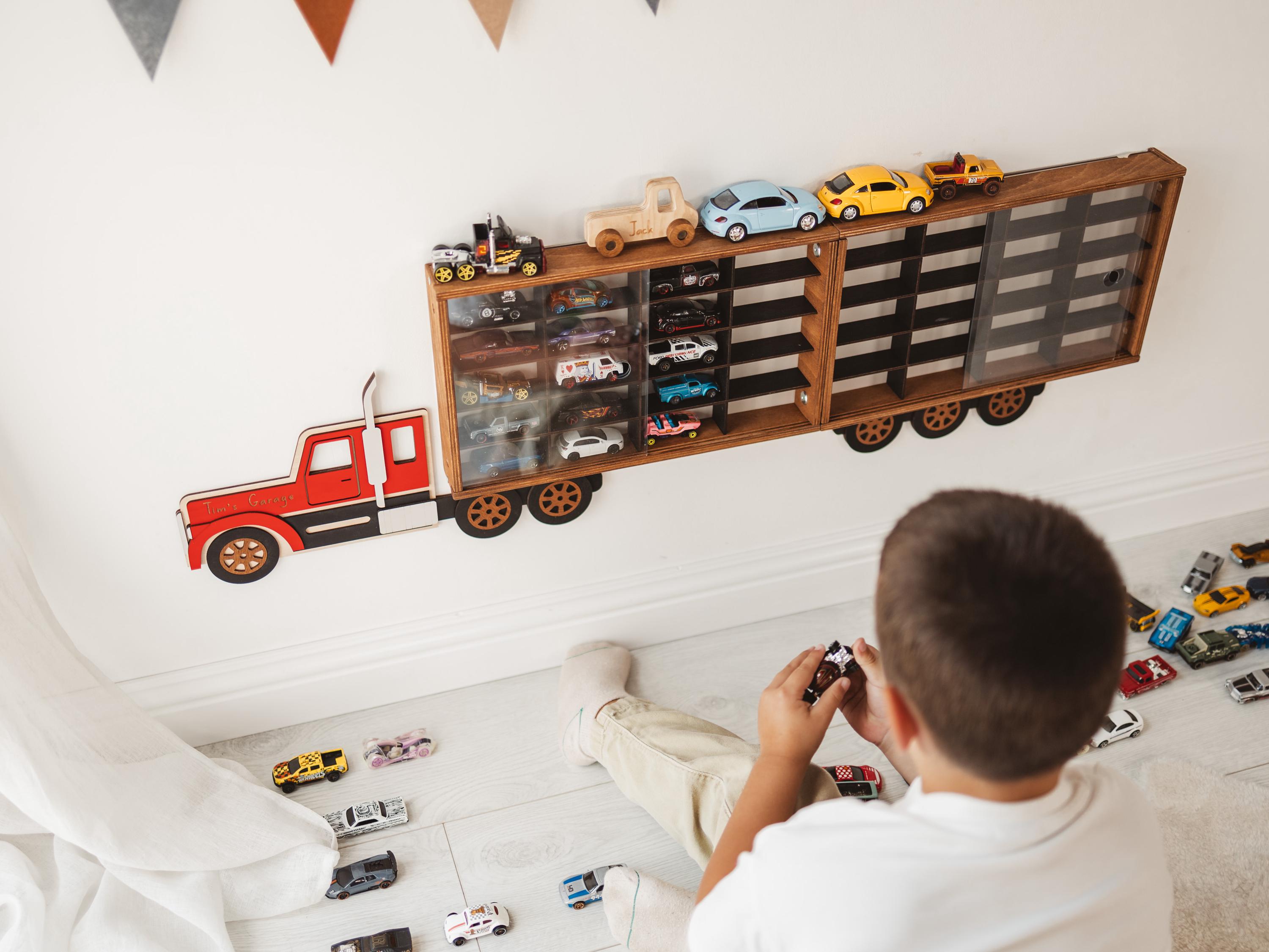 Custom Toy Car Display Shelf – Wooden Truck Wall Rack for Kids Cars ...