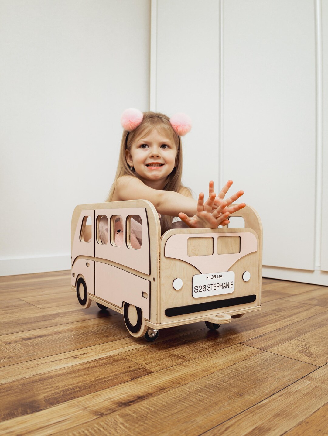 Wooden Large Toy Box on Wheels, Pull Along Vintage Bus for Kids ...