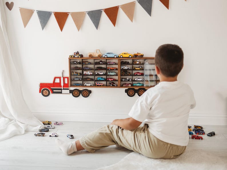 Personalized Toy Car Display Shelf – Wooden Truck Wall Rack – Boys Room ...