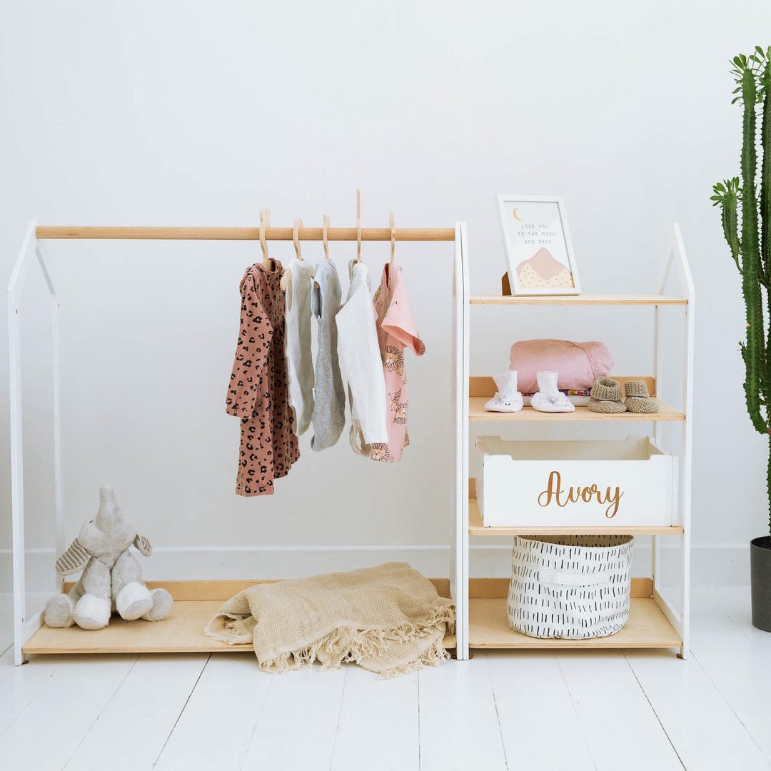 Personalized Kids Clothing Rack and Shelf Set: Wooden Nursery Wardrobe ...