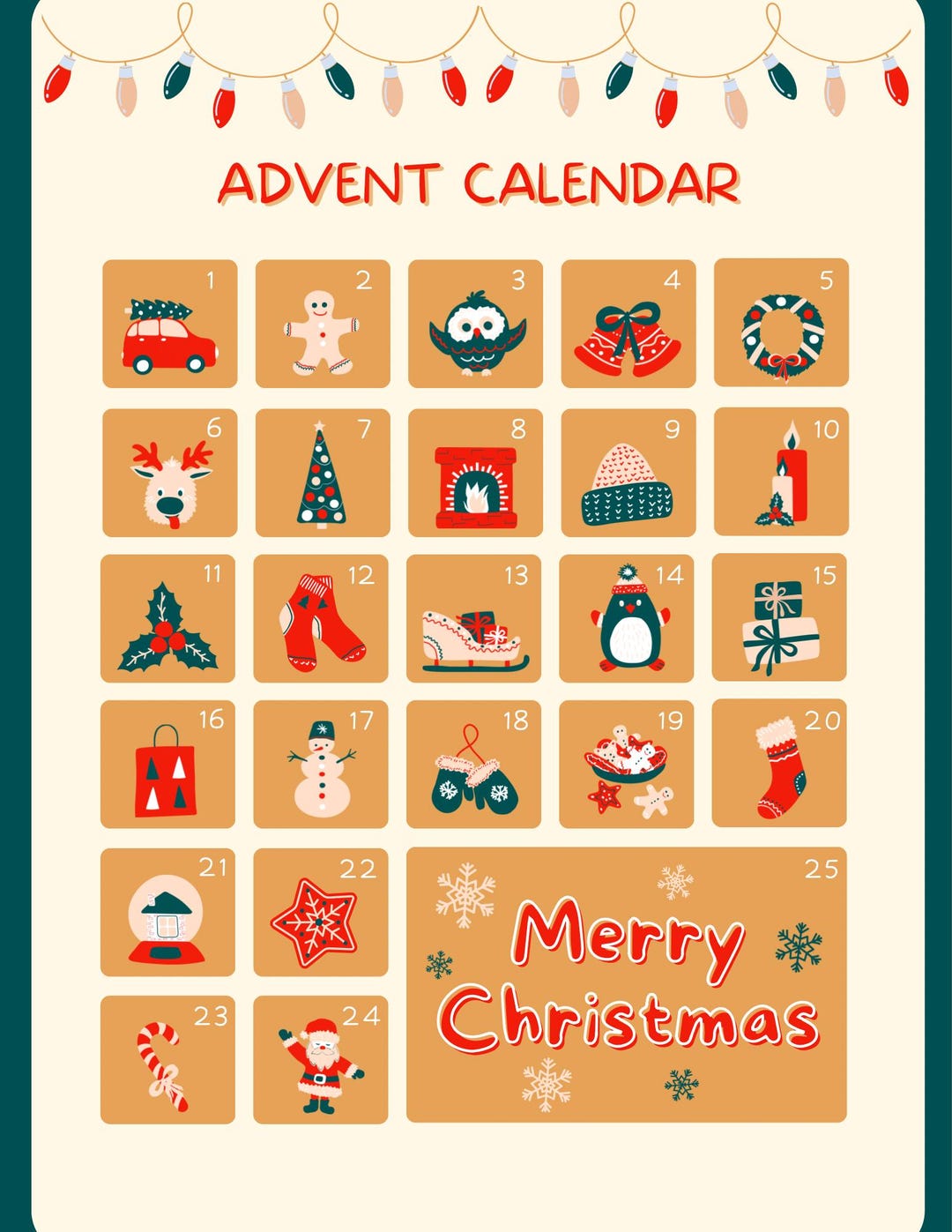Printable Colorful Advent Calendar 2024 Holiday Countdown Calendar With ...