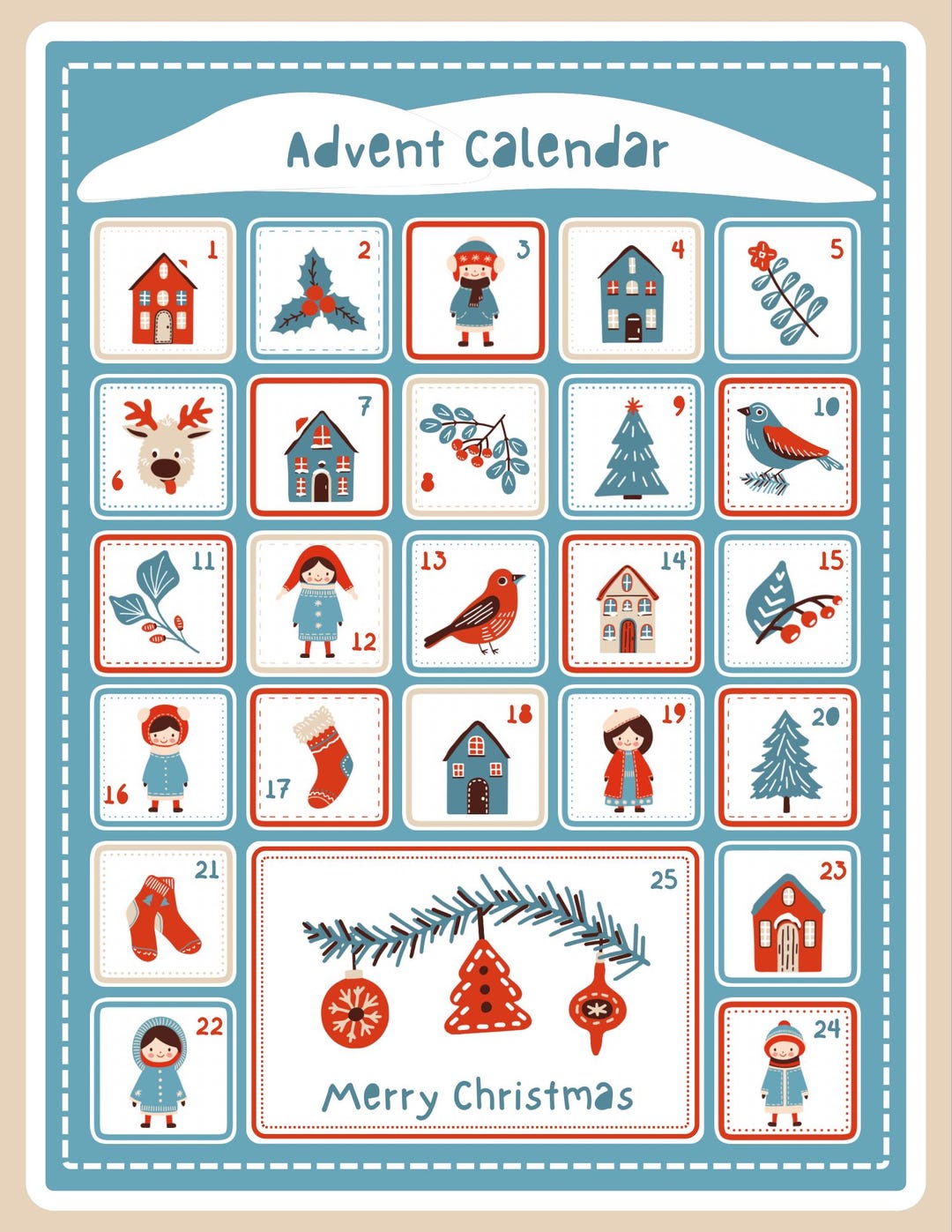 Printable Cute Advent Calendar 2024 Holiday Countdown Calendar With ...