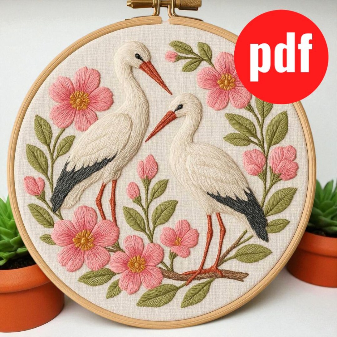 Storks and Flowers Embroidery Pattern: Cheerful Bird DIY Hoop Art (PDF ...