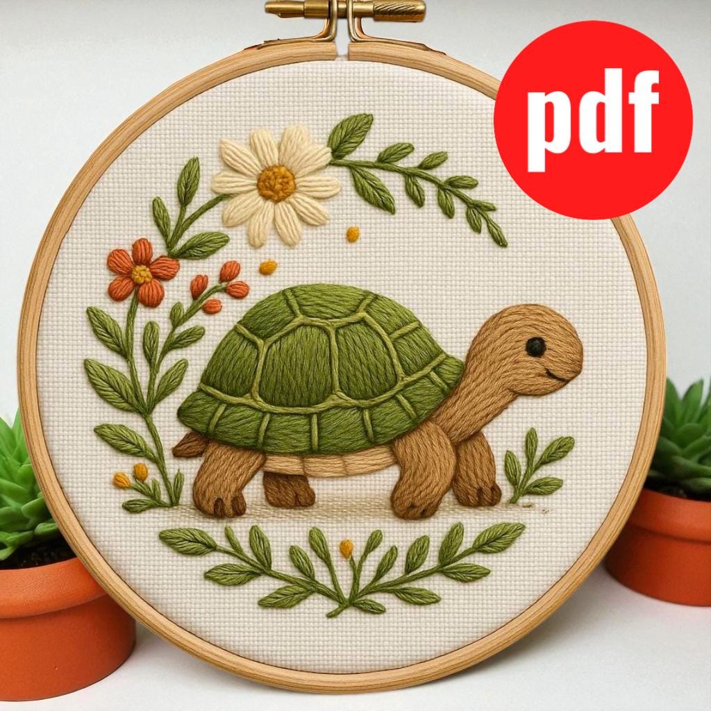 Turtle & Bird Embroidery Pattern: Cheerful DIY Needlework (PDF Download ...