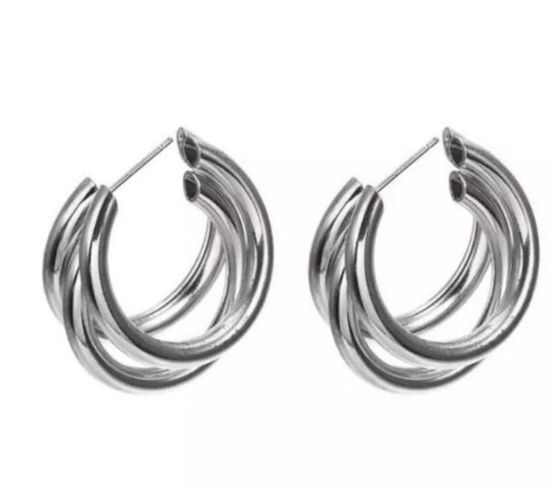 Chunky Triple Silver Hoops Triple Earrings Silver Medium - Etsy