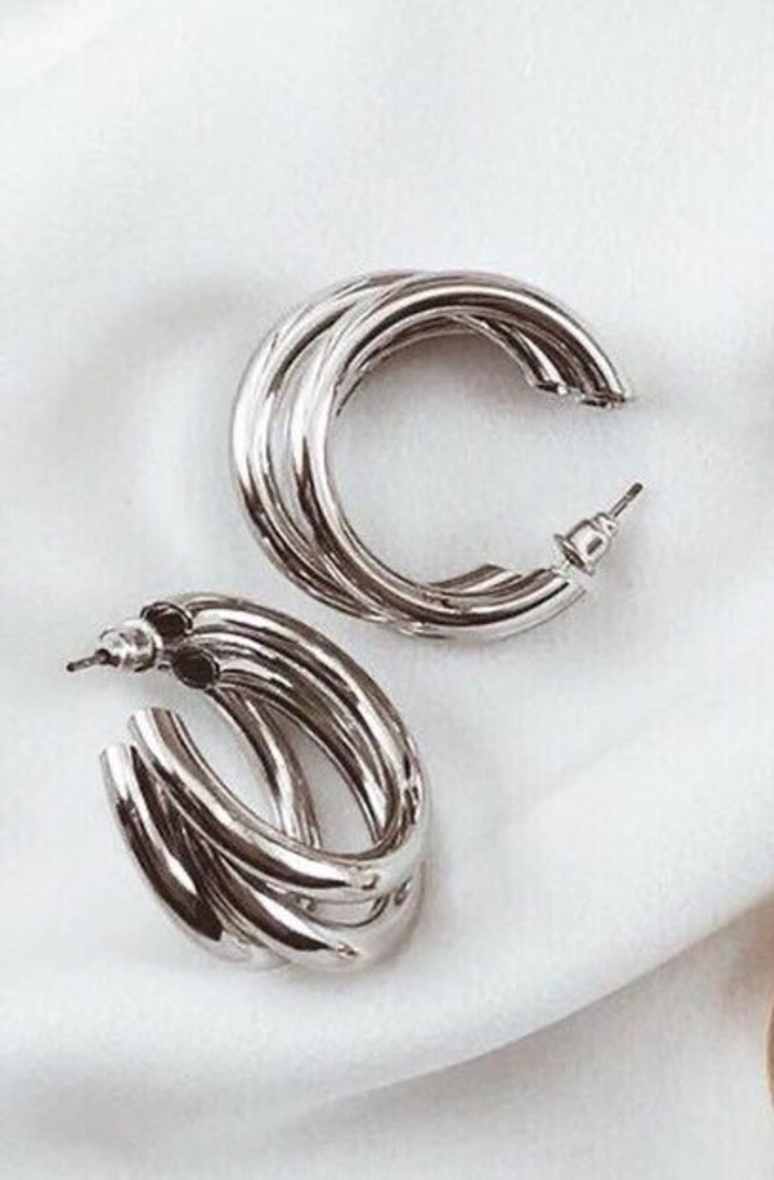Chunky Triple Silver Hoops Triple Earrings Silver Medium - Etsy