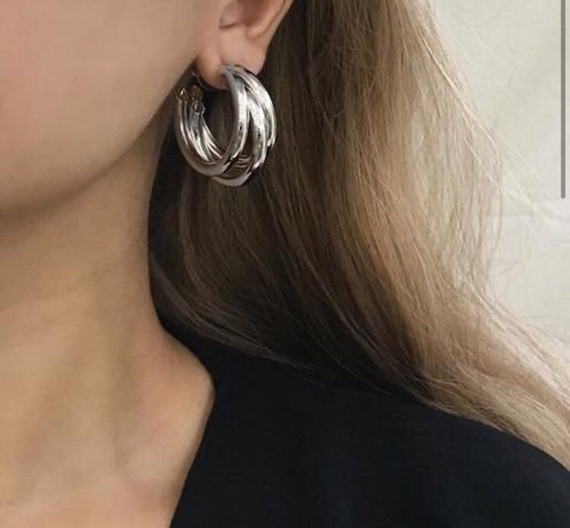 Chunky Triple Silver Hoops Triple Earrings Silver Medium - Etsy