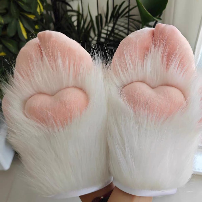 Fluffy Hoof Paw Gloves-white Furry Hoof-style Paws With Pink Heart Pads ...