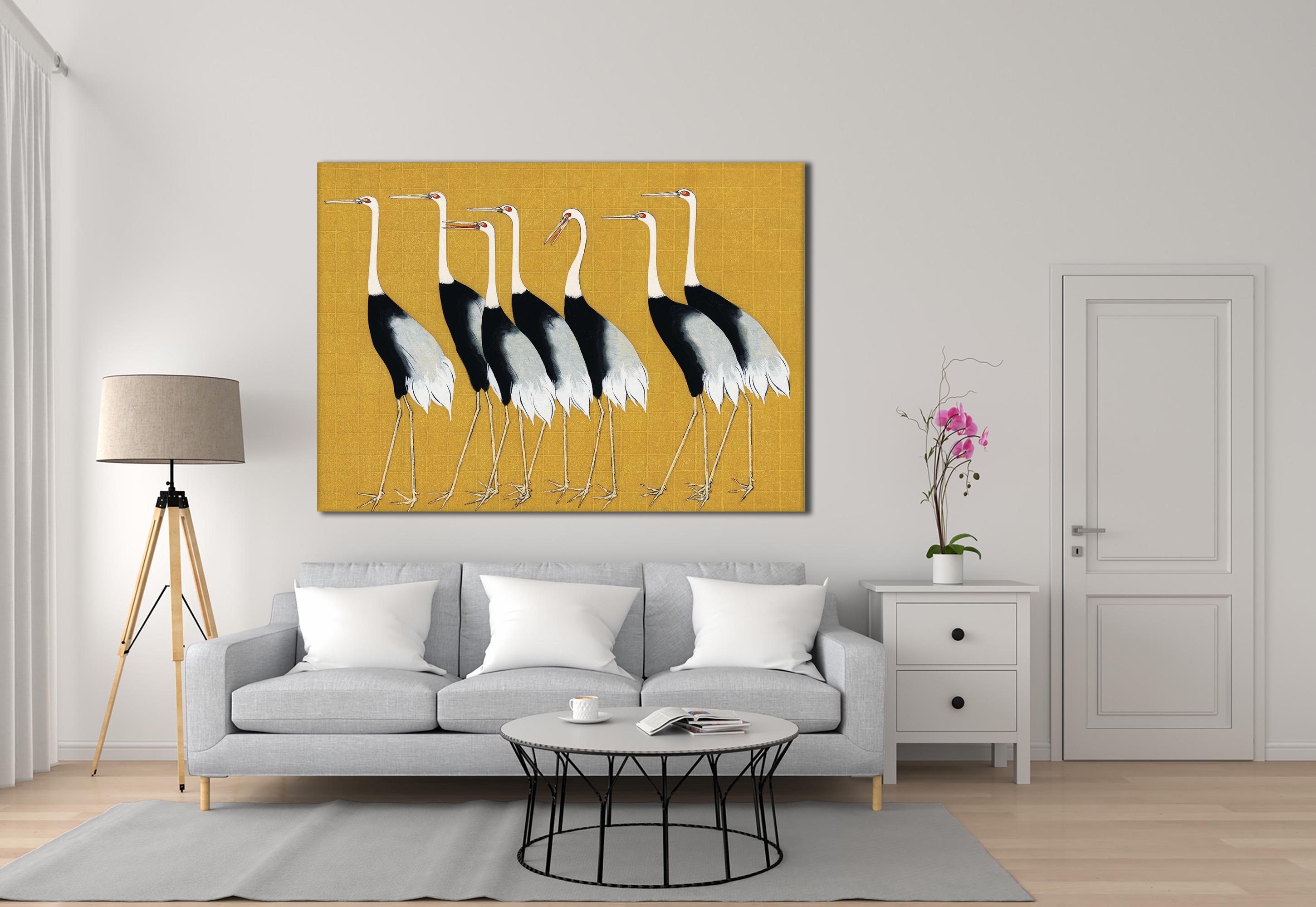 Japanese Cranes Poster - Seven Cranes Print by Ogata Korin, Vintage Red ...