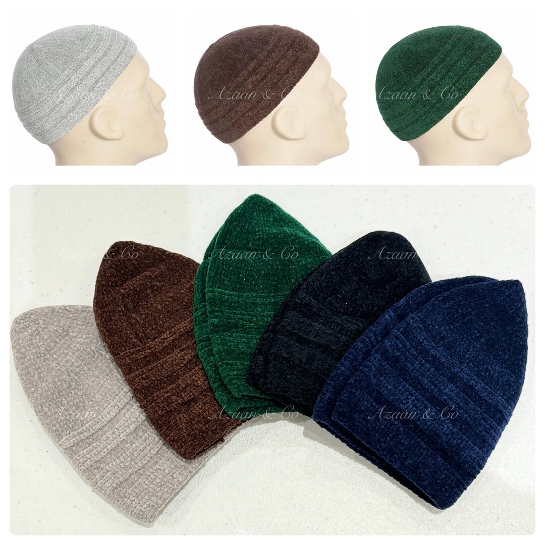 5x Mens Prayer Hat Chenille Soft Turkish Kufi Topi Warm Winter Muslim ...