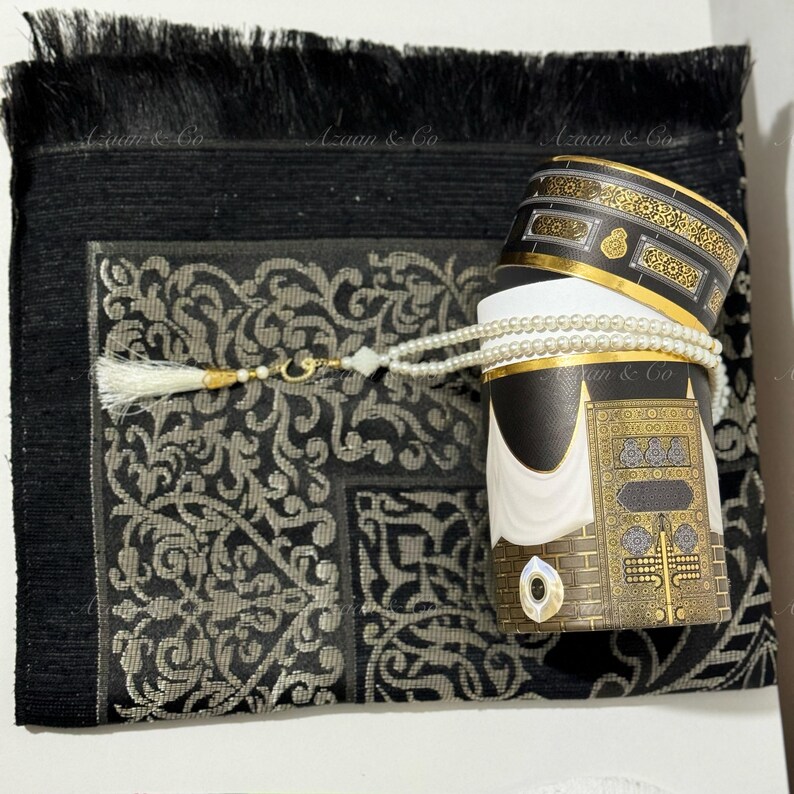Black Kaaba Pattern Gift Set Prayer Mat Tasbeeh Gift Kaaba Bag Adults ...