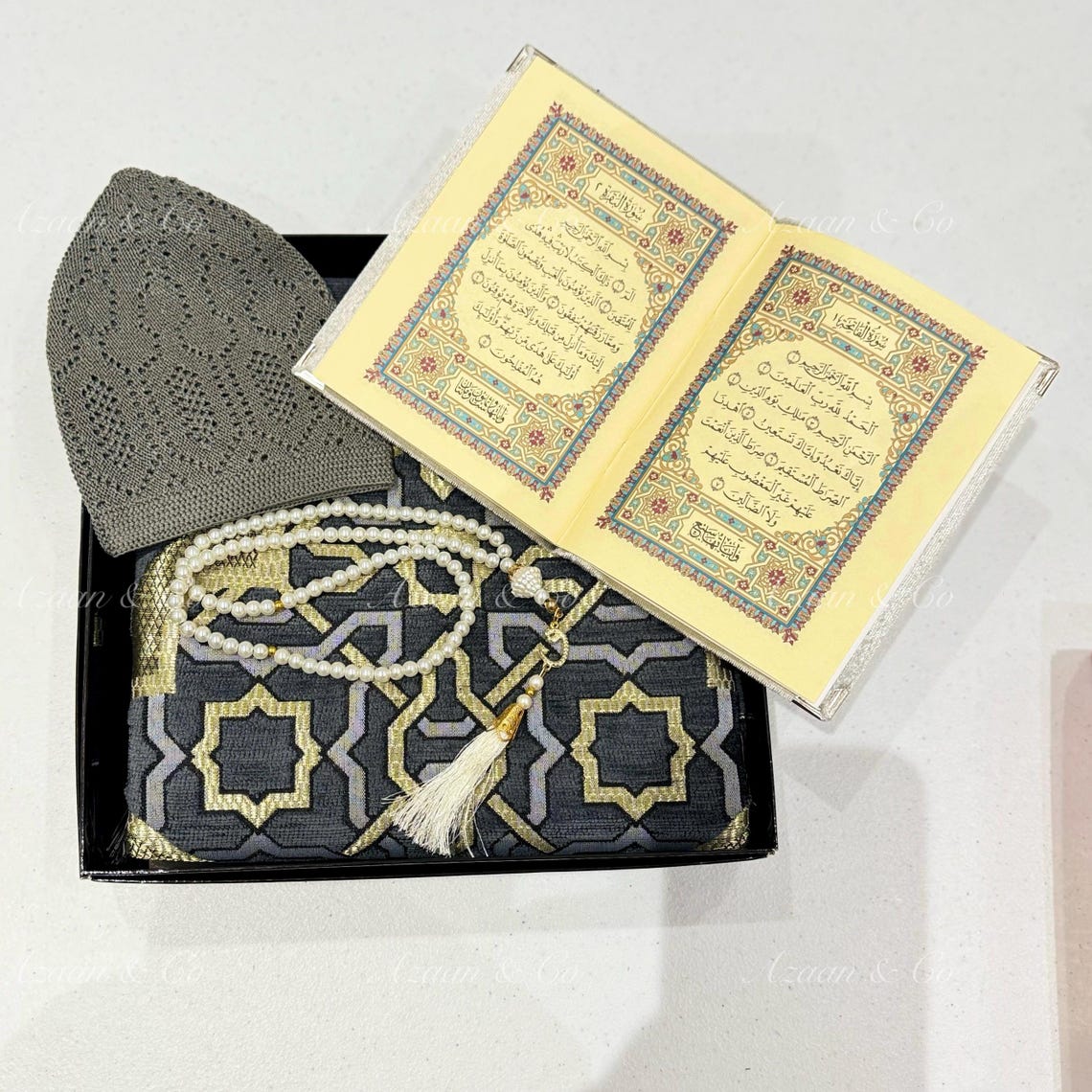 Surah Book, Prayer Mat, Tasbeeh & Cap or Hijab Gift Set Box Kaaba Door ...