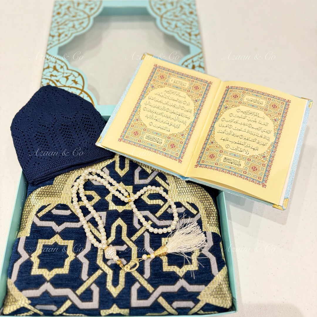 Surah Book, Chenille Prayer Mat, Tasbeeh & Cap Gift Set Box Kaaba Door ...