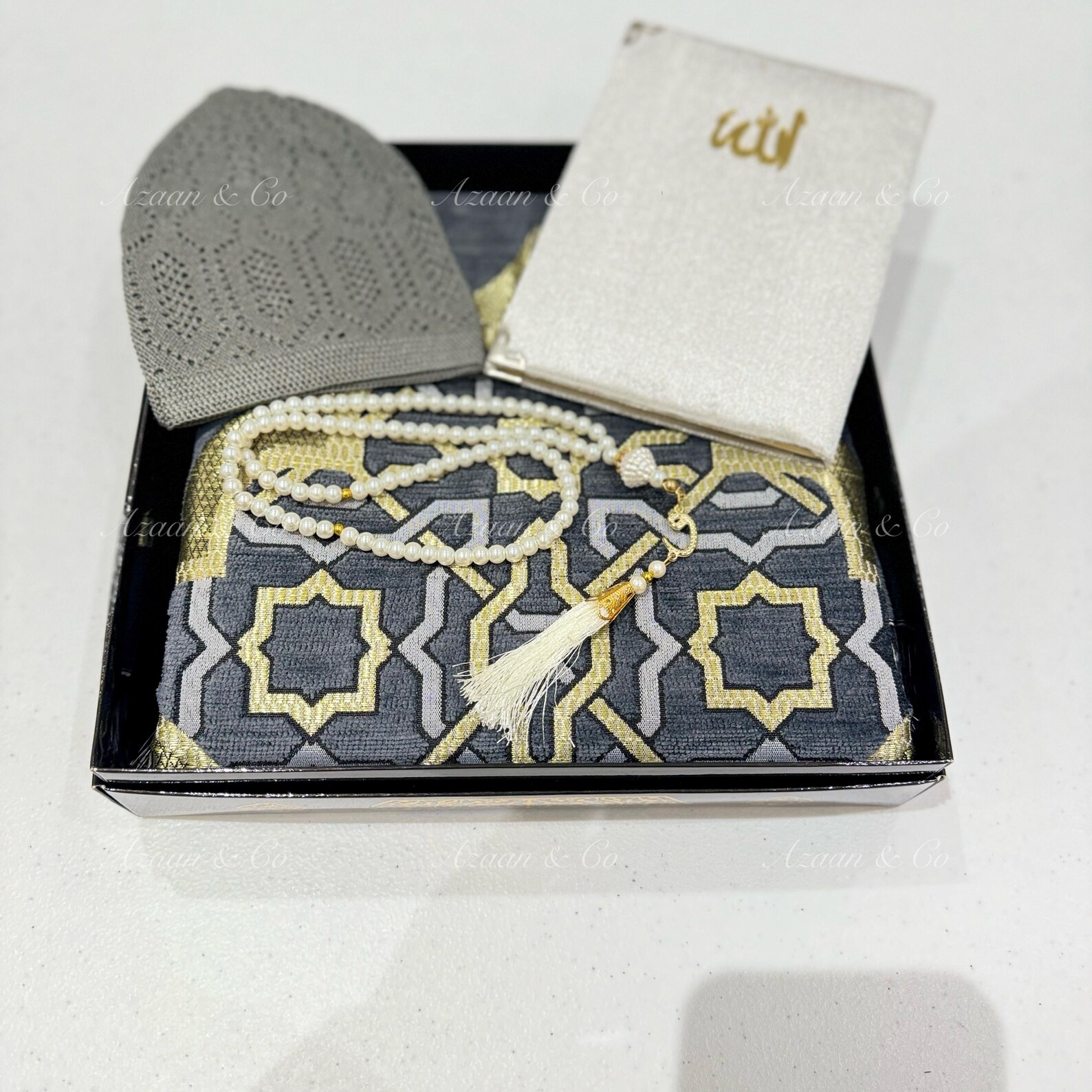 Surah Book, Prayer Mat, Tasbeeh & Cap or Hijab Gift Set Box Kaaba Door ...