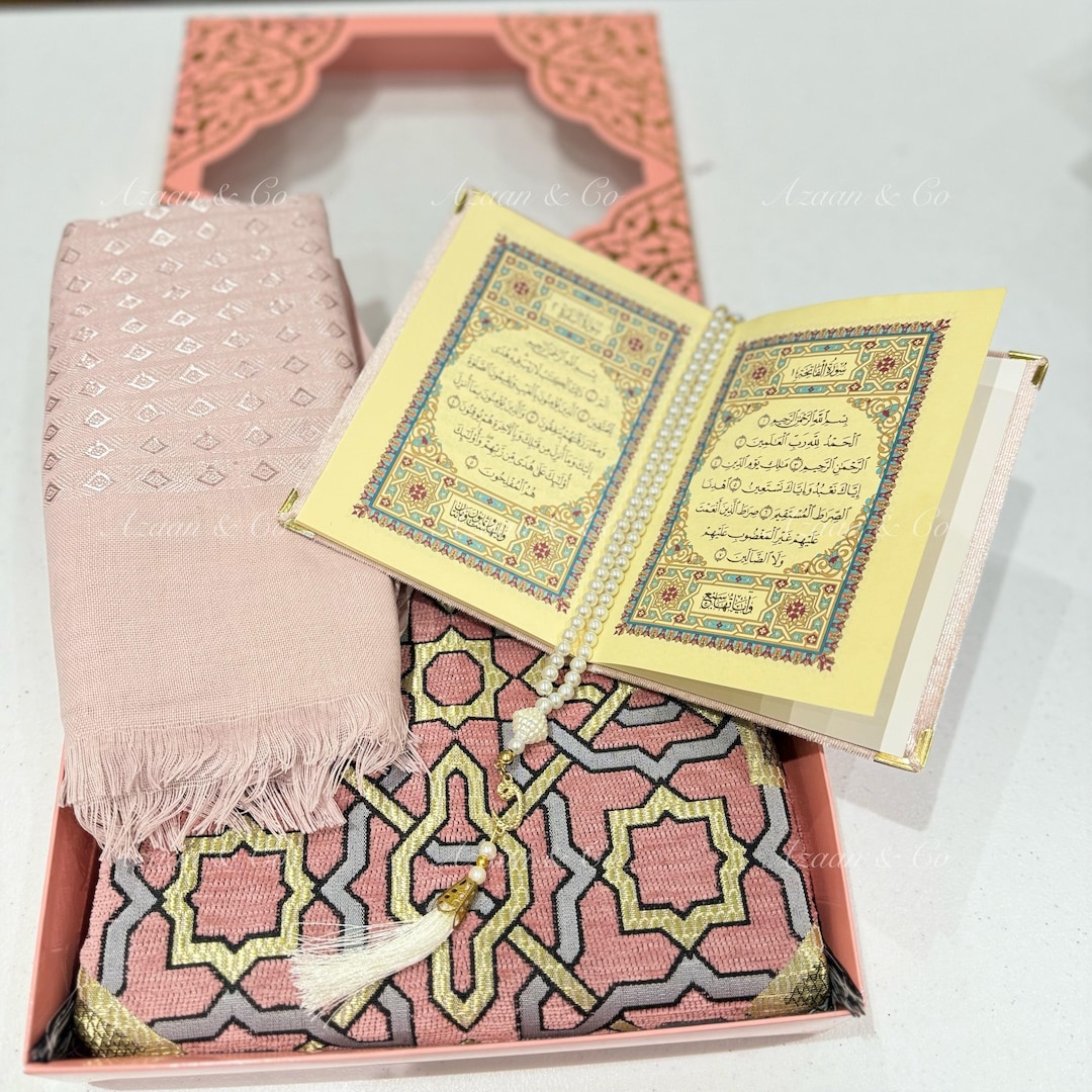 Pink Surah Book, Prayer Mat, Tasbeeh & Hijab Scarf Gift Set Box Kaaba ...