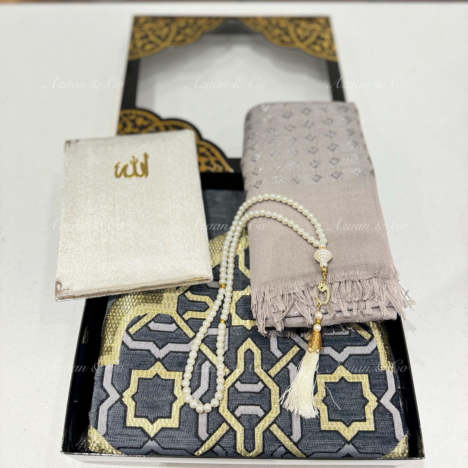 Surah Book, Prayer Mat, Tasbeeh & Cap or Hijab Gift Set Box Kaaba Door ...