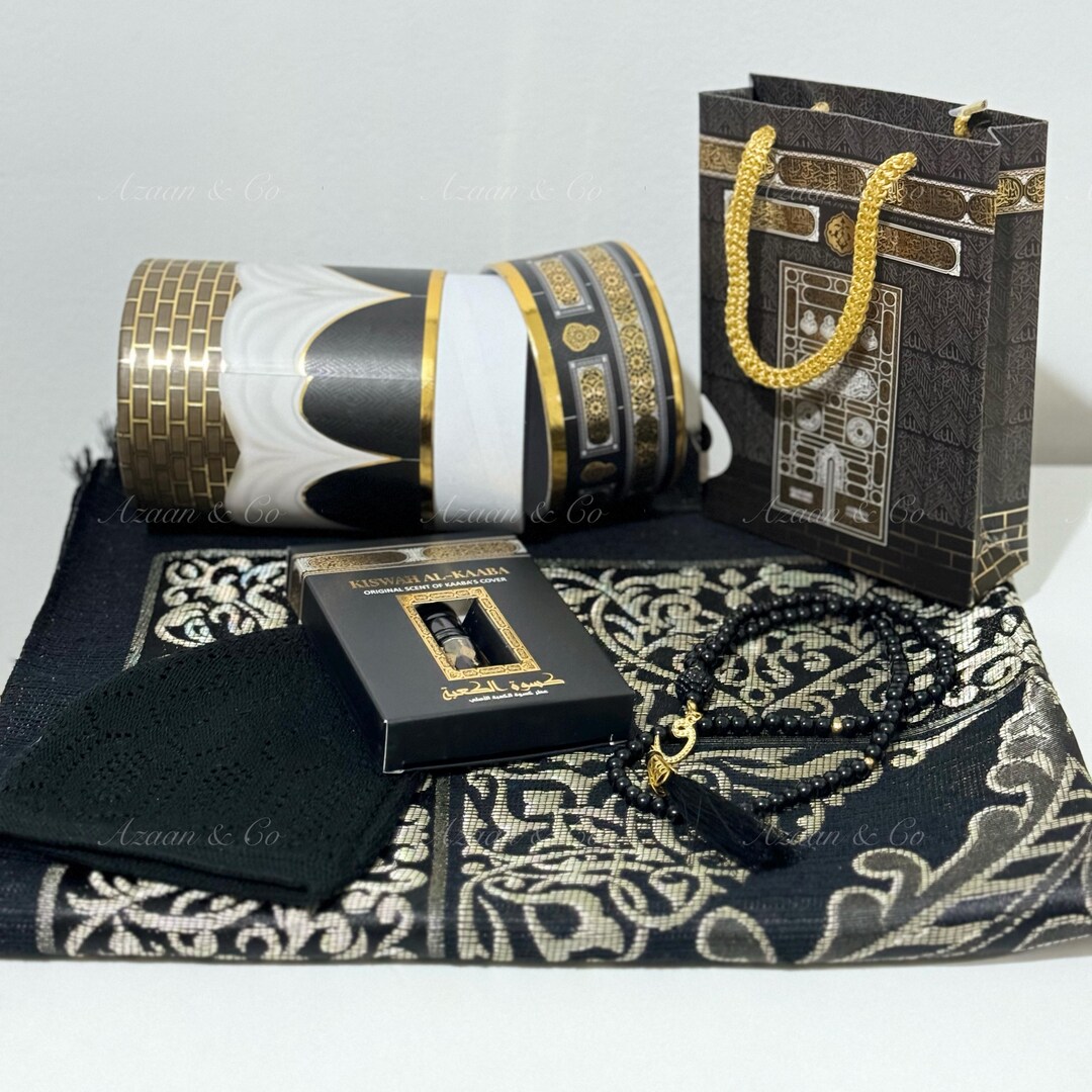 Black Kaaba Pattern Gift Set Prayer Mat Tasbeeh Gift Kaaba Bag Adults ...
