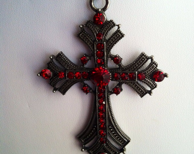 Gunmetal and Red Crystal Victorian Gothic Cross Pendant Long Chain ...