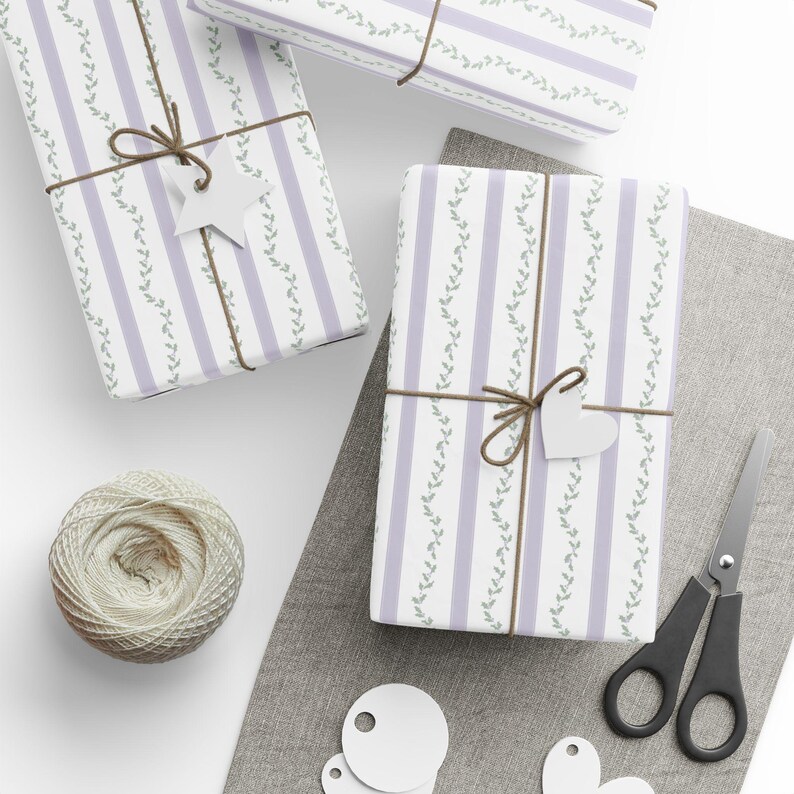 Holly Garland Stripe Lavender Wrapping Paper Ivy, Mistletoe, Lilac ...