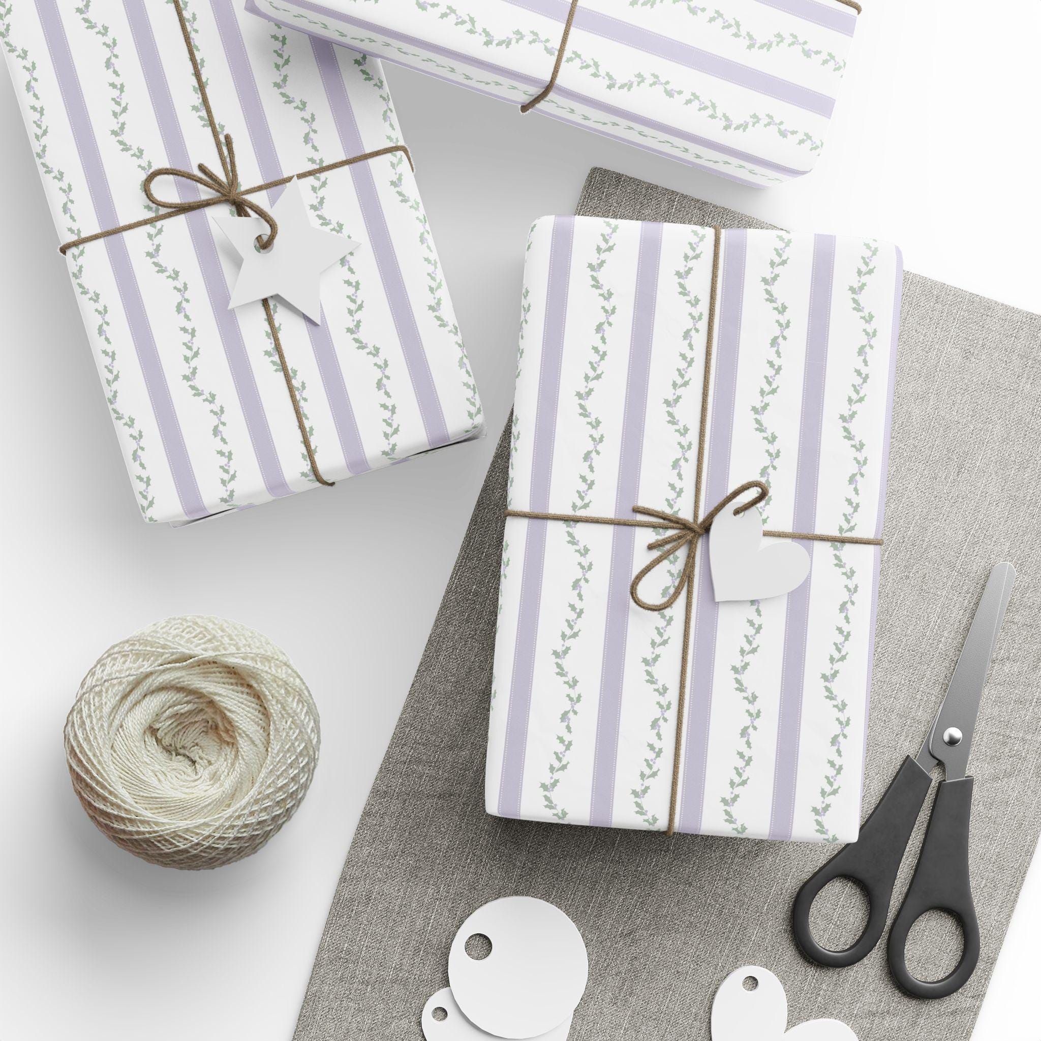 Holly Garland Stripe Lavender Wrapping Paper Ivy, Mistletoe, Lilac ...