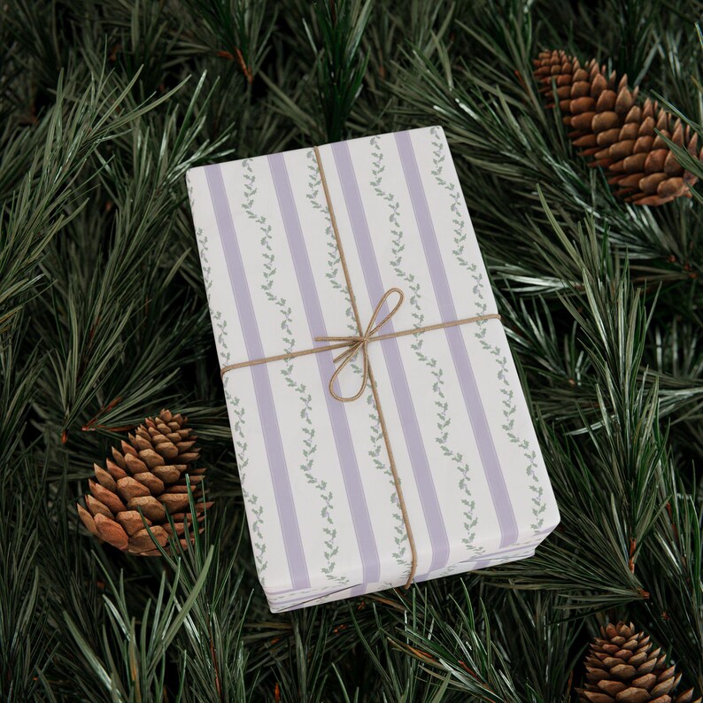 Holly Garland Stripe Lavender Wrapping Paper Ivy, Mistletoe, Lilac ...