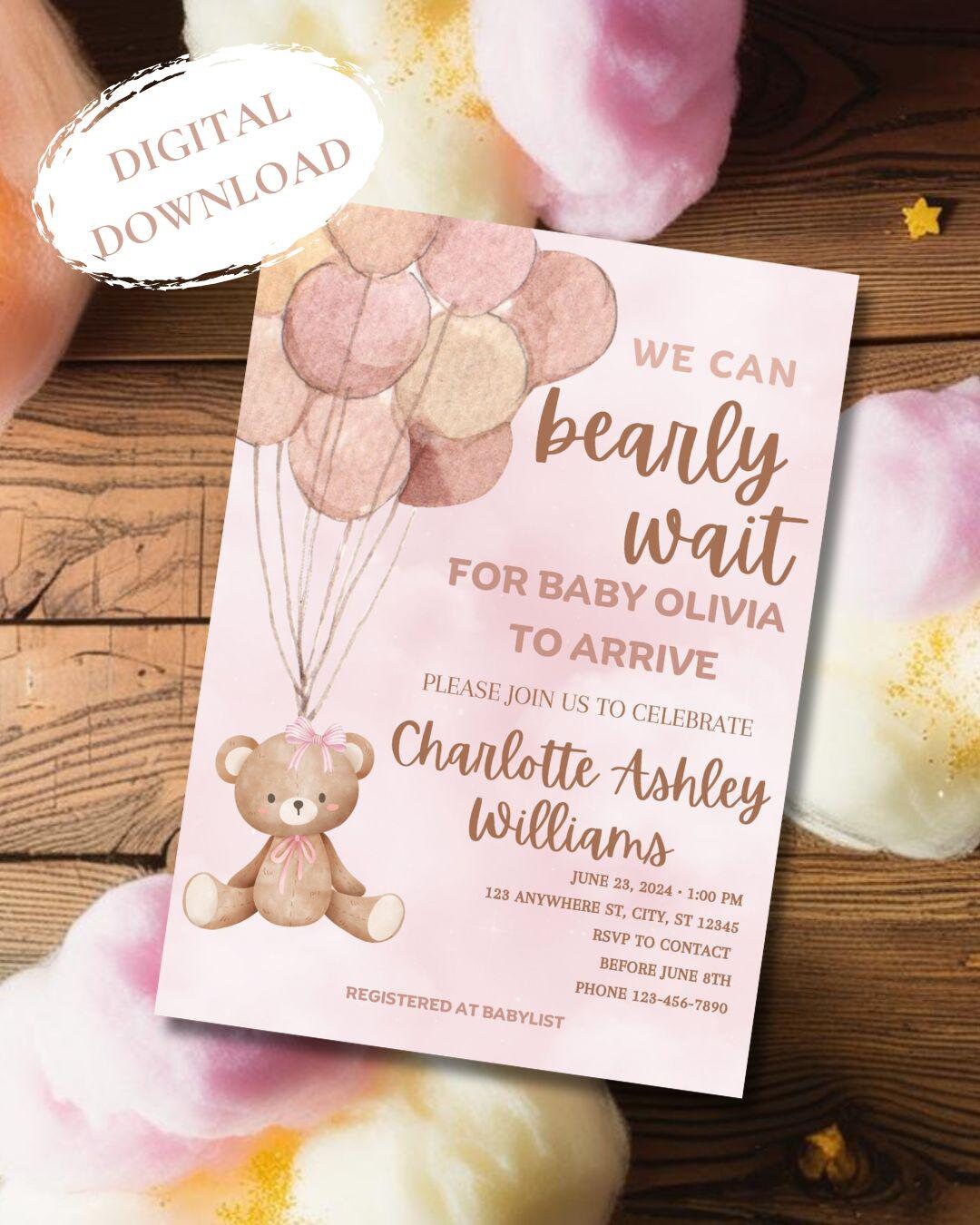 Bear Baby Shower Girl Party Invitation Balloon and Clouds Pink Bearly Wait Editable Printable ...