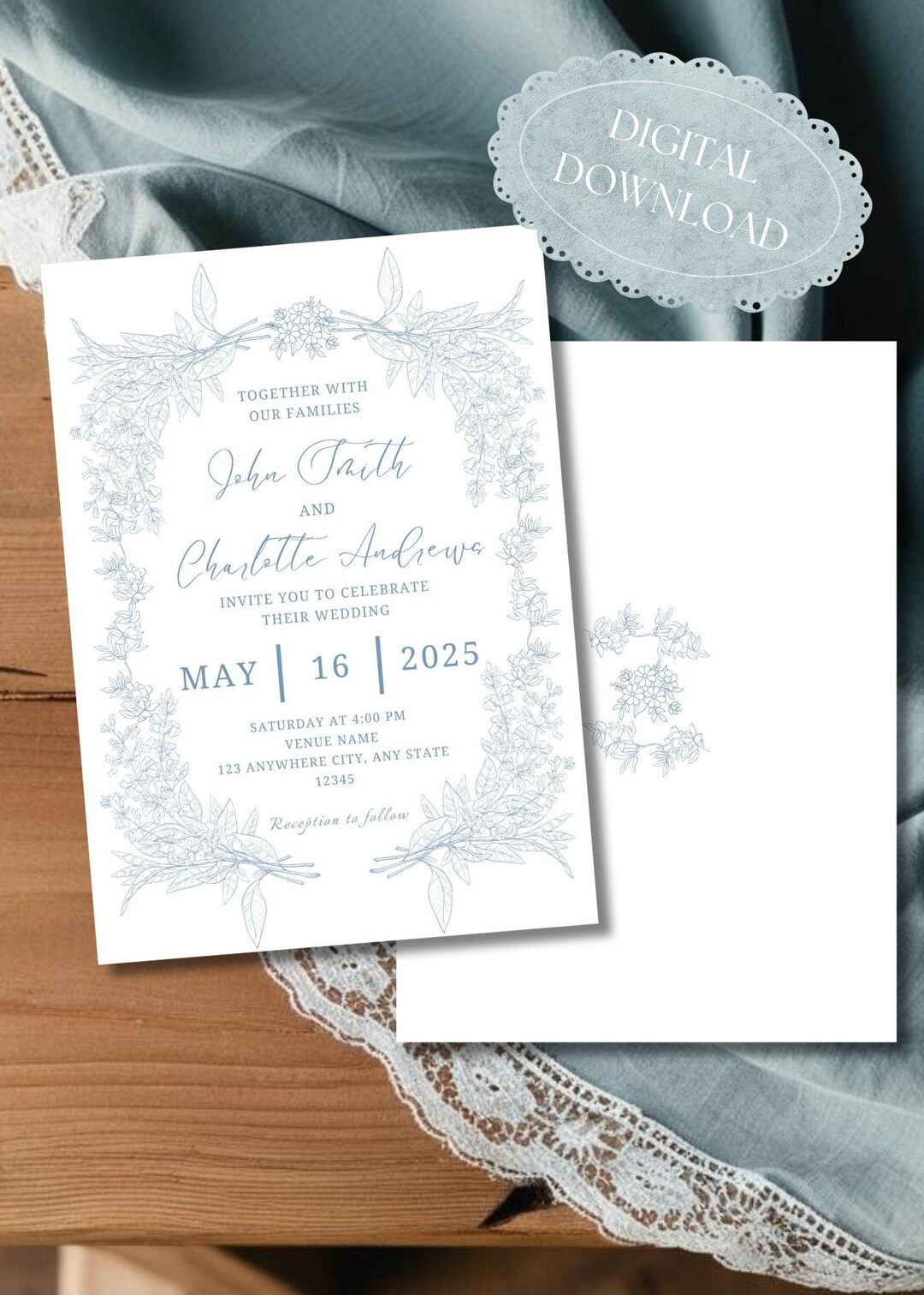 Vintage Dusty Blue Floral Dainty Border Wedding Birthday Shower ...