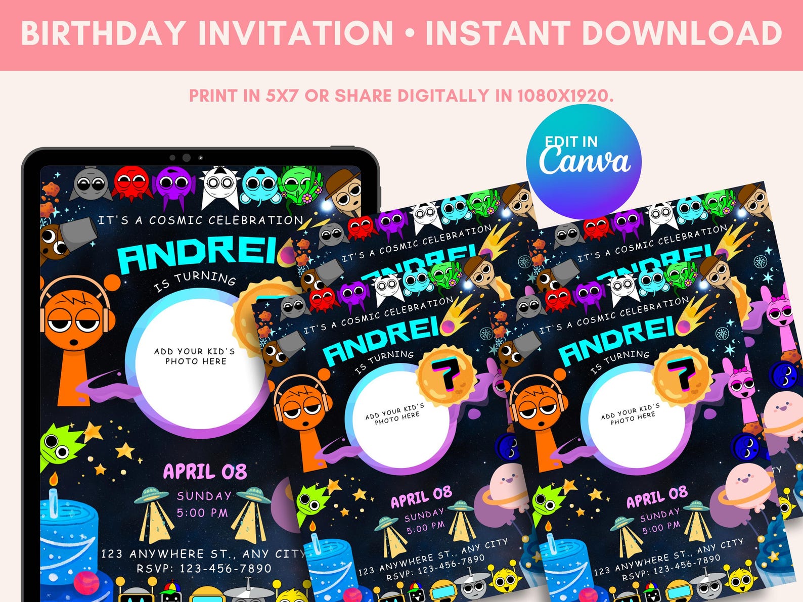 Sprunki Birthday Invitation Template, Customizable 5x7 and 1080x1920 ...