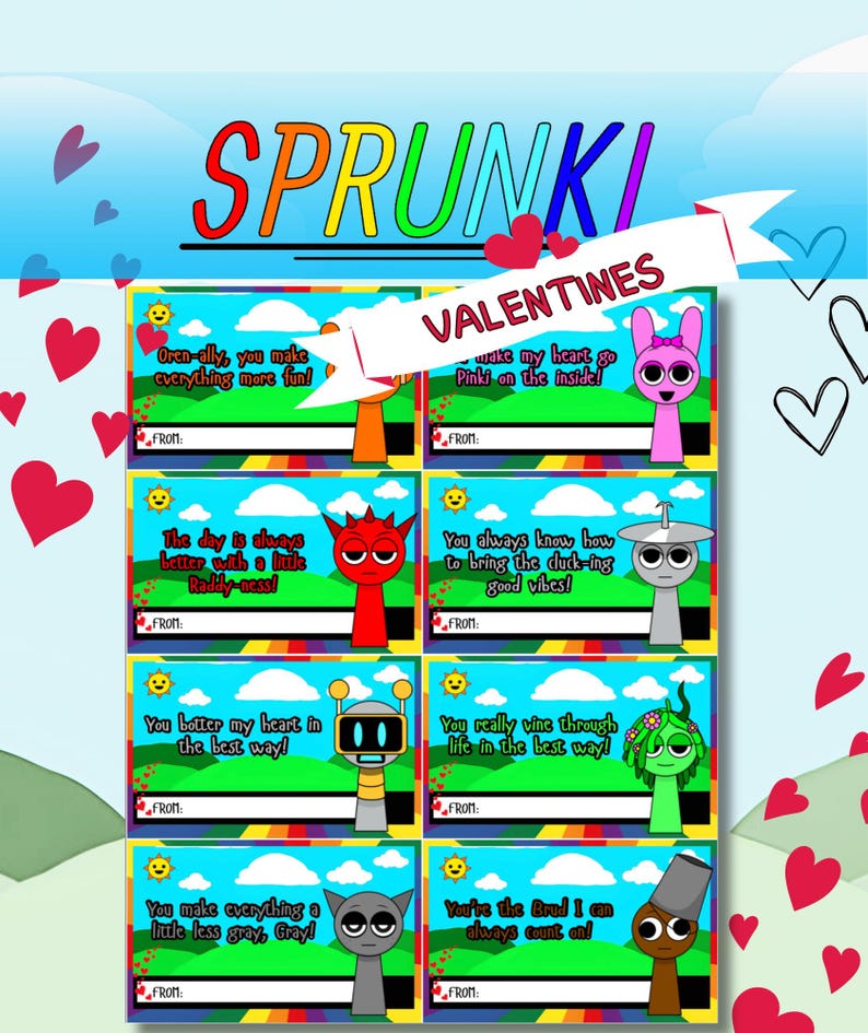 Print-your-own Sprunki Valentine’s Cards – Digital Download for 16 Fun ...