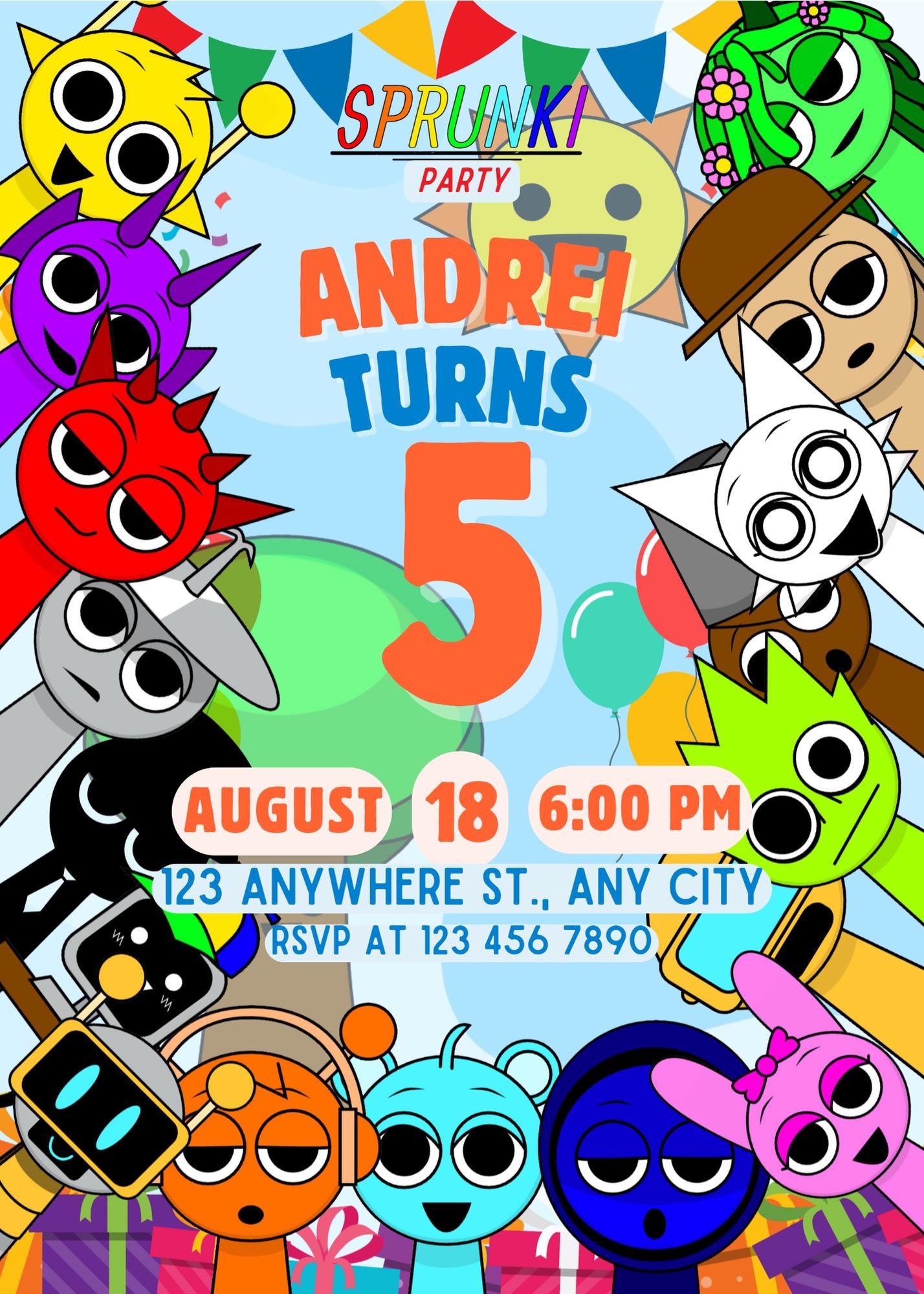 Sprunki Birthday Invitation Template, Customizable 5x7 and 1080x1920 ...