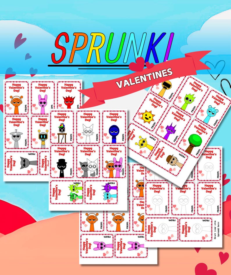 Print-your-own Sprunki Valentine’s Cards – Digital Download for 32 Fun ...