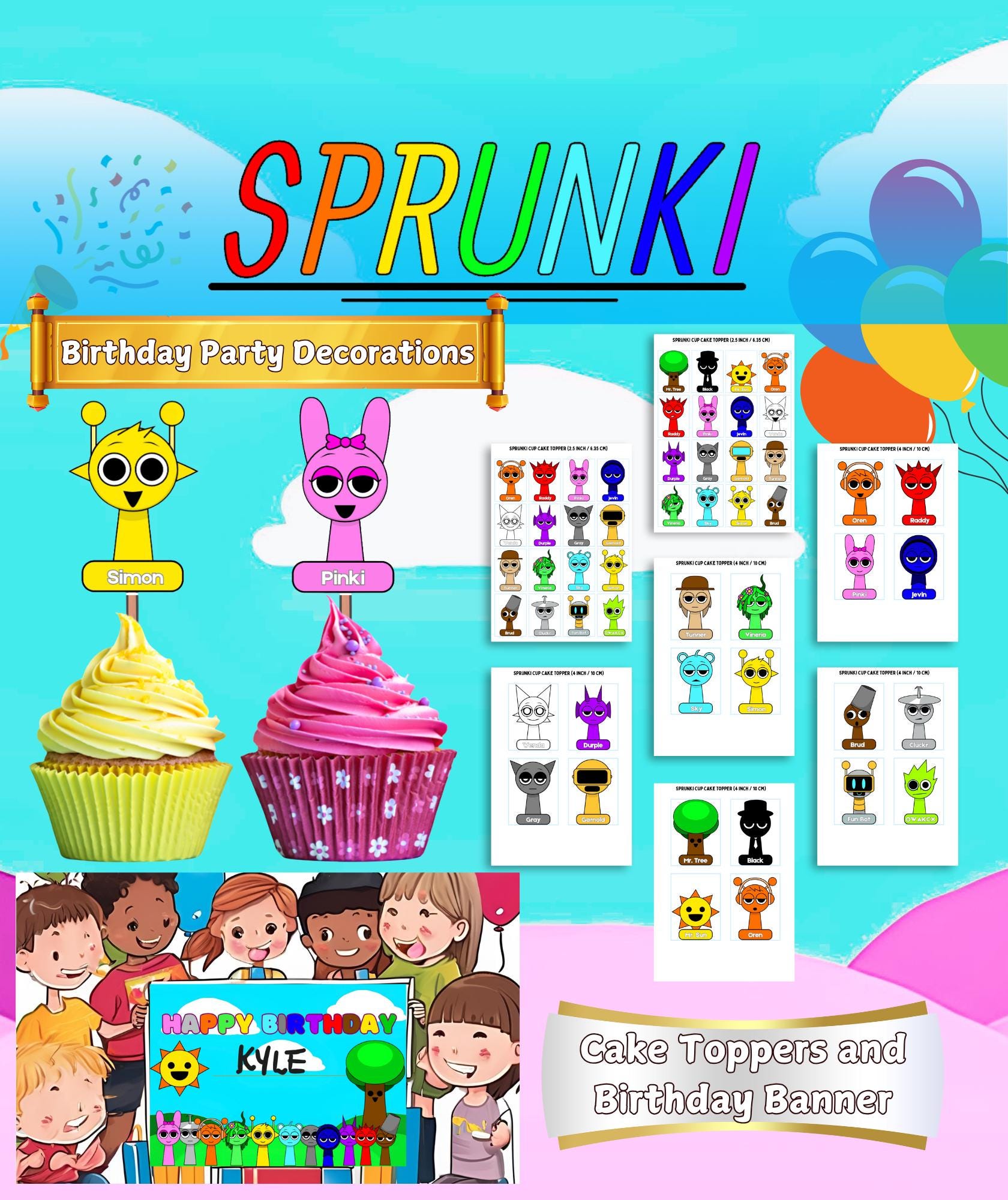 Printable Sprunki Cupcake Toppers & Birthday Banner – Digital Download ...