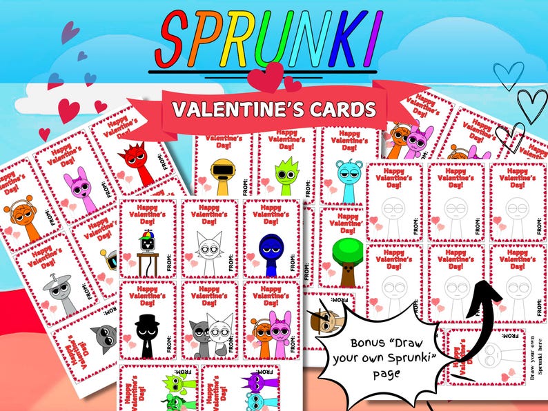 Print-your-own Sprunki Valentine’s Cards – Digital Download for 32 Fun ...
