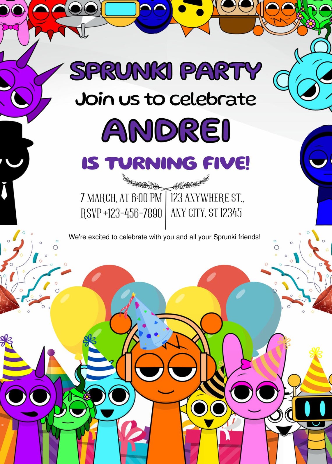 Sprunki White Birthday Invitation Template, Customizable 5x7 Digital ...