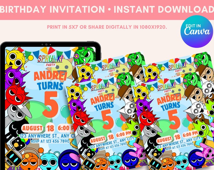 Sprunki Birthday Invitation Template: Editable Kids Party Invite ...