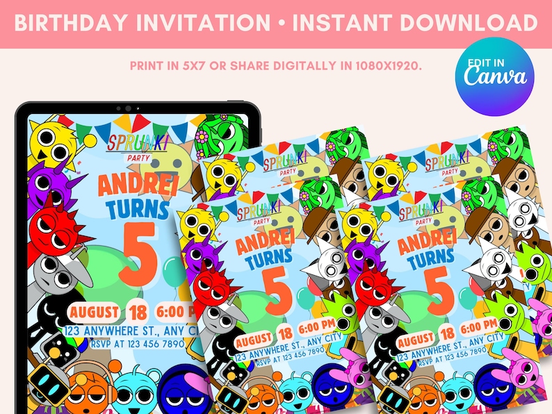 Sprunki Birthday Invitation Template: Editable Kids Party Invite ...