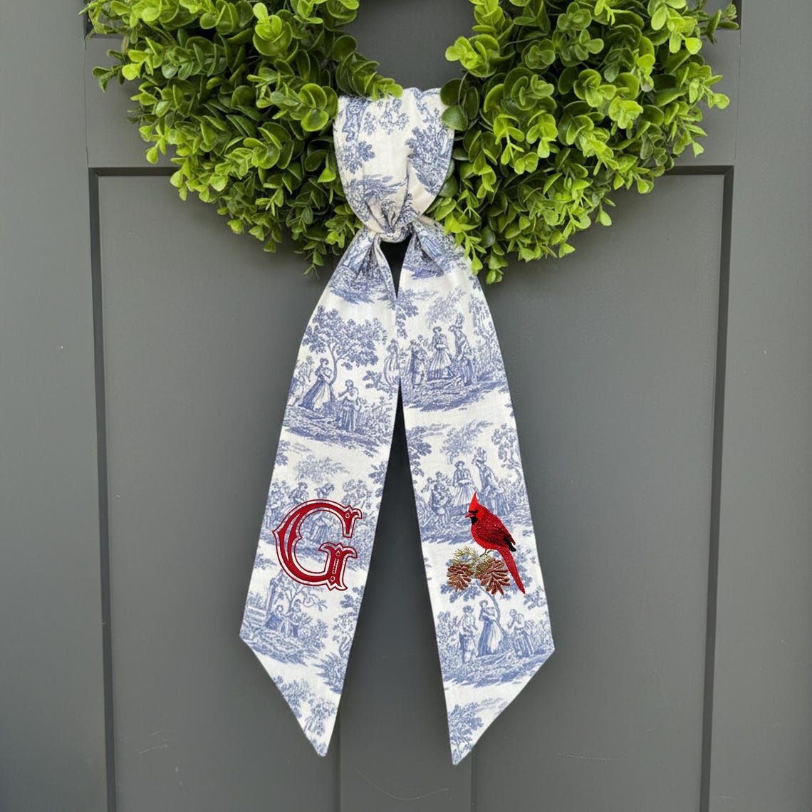 Blue French Country Toile Wreath Sash, Embroidered Red Cardinal Toile ...