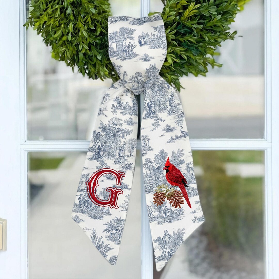 Blue French Country Toile Wreath Sash, Embroidered Red Cardinal Toile ...