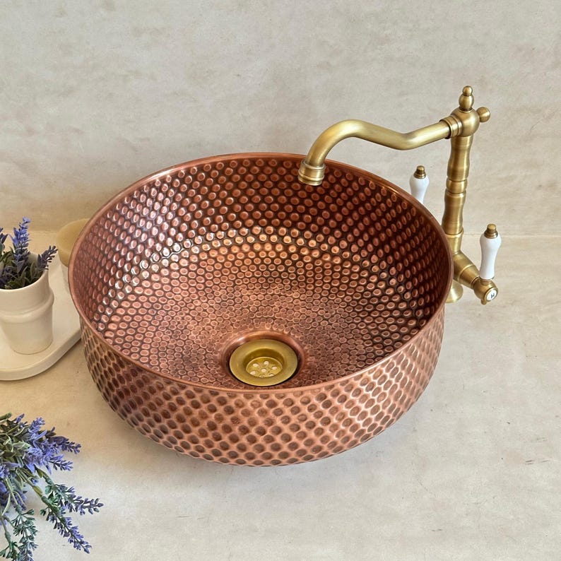 Handmade Hammered Copper Sink – Vintage Bathroom Vessel With Antique ...