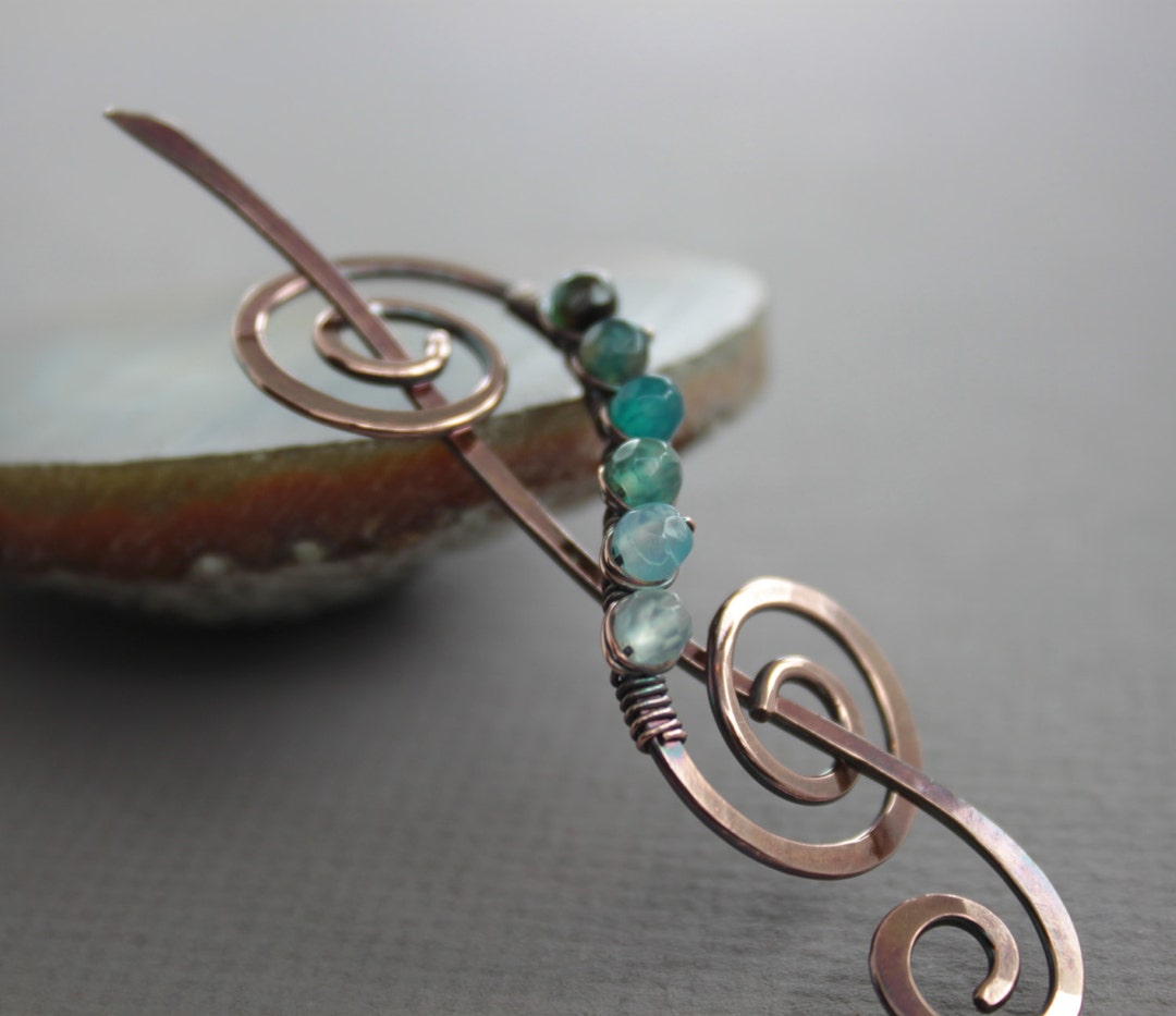 Ombre Blue Agate Shawl Pin: Hand Forged Copper Scarf Pin - Etsy